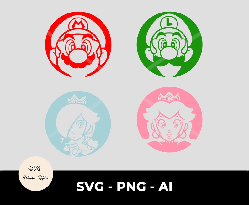 Digital Super Mario Face Bundle SVG, 4 Silhouette Png Files, Mario Bros ...
