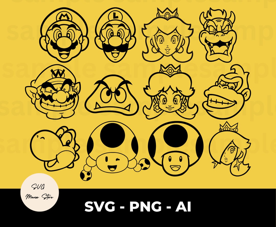 Mario Face SVG Pack Outline - Mario Bundle of 12 - PNG Mario Head ...