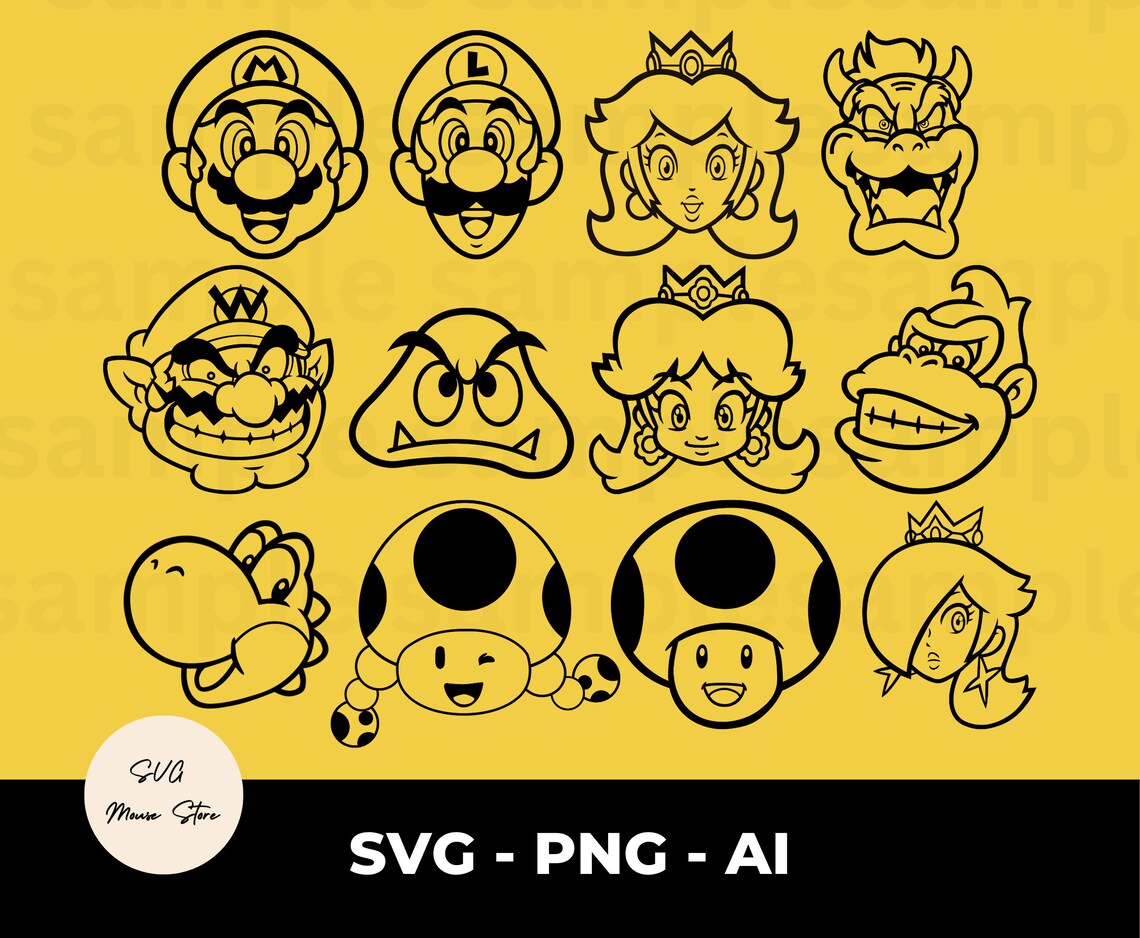 Esquema del paquete Mario Face SVG Paquete Mario de 12 PNG Mario Head ...