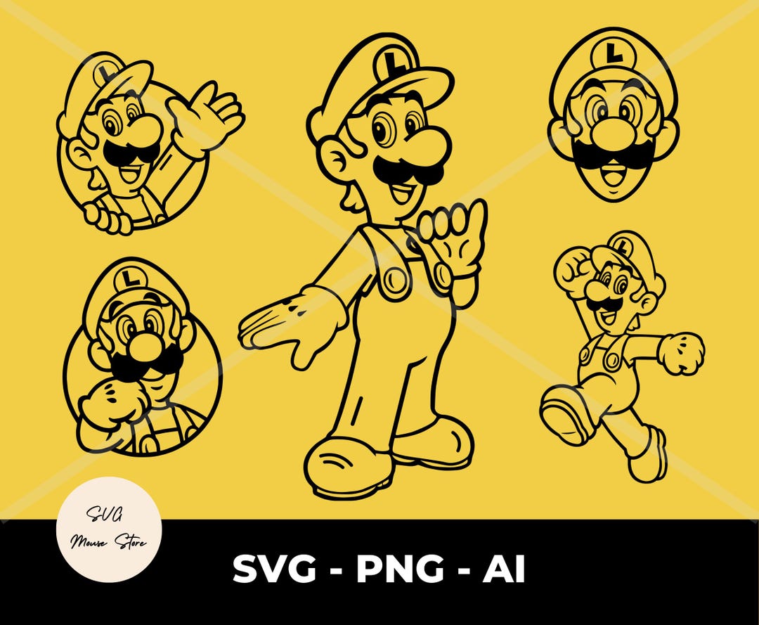 Luigi Outline Svg Pack of 5, Blackoutline Svg Files, Luigi Digital Download, Cricut Cut File ...
