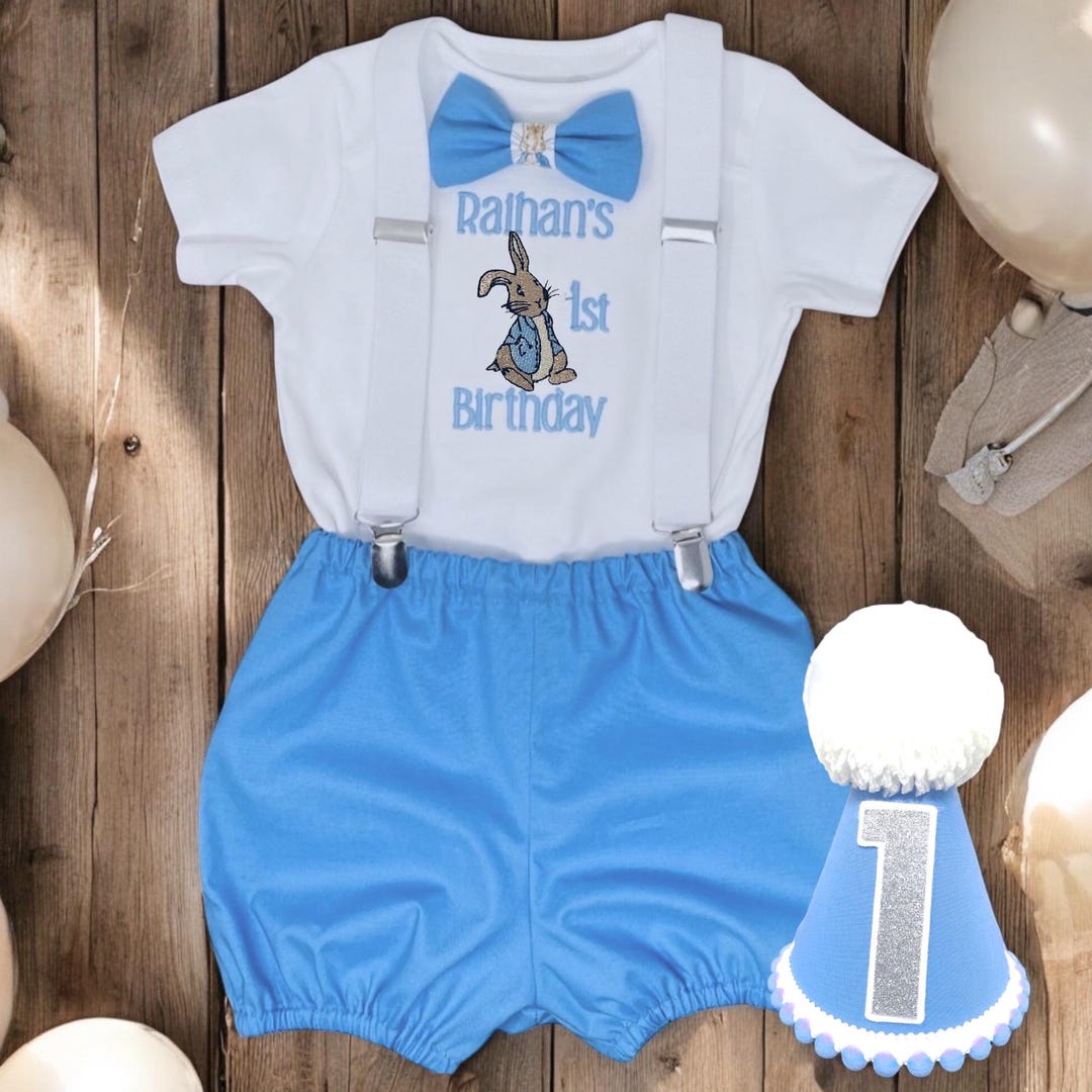 Personalised Peter Rabbit Cake Smash 1st Birthday Outfit - Blue Shorts ...