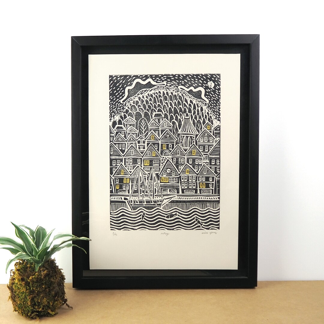 Linocut Print, A3, Norge, Norway, Skyline, Minimal, Houses, Water ...