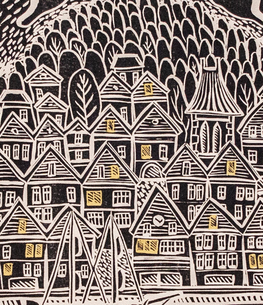 Linocut print, A3, Norge, Noruega, skyline, minimal, casas, agua ...