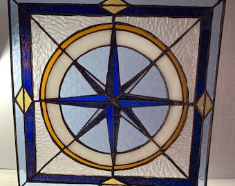 Octagon Compass Rose Beveled Stained Glass Window Panel Insulated & Pre ...