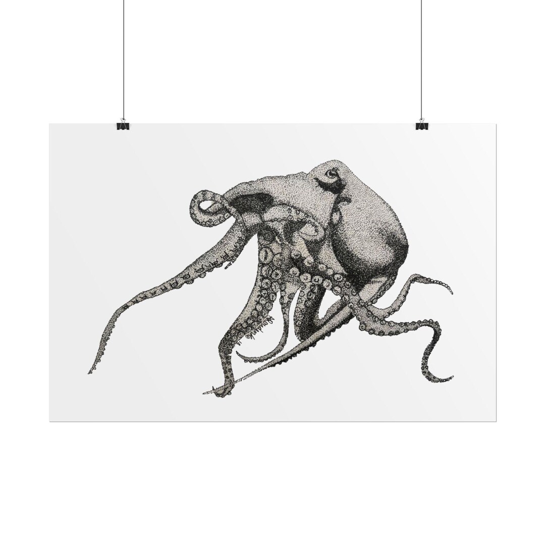 Octopus Stipple Illustrationprint, Hand Drawn Rolled Poster, Unique ...