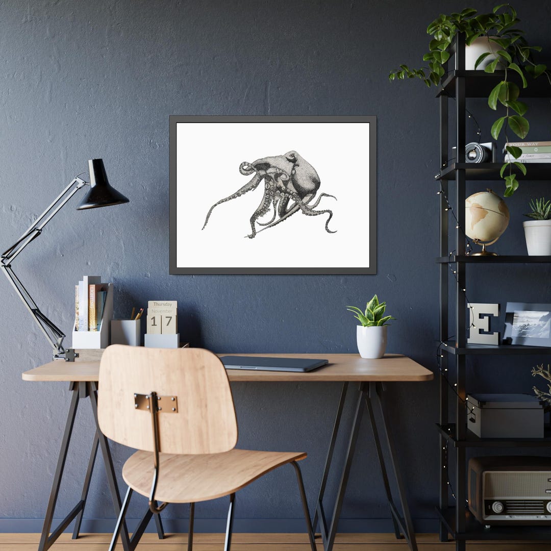 Framed Octopus Stipple Drawing, Black and White Illustration, Wall ...