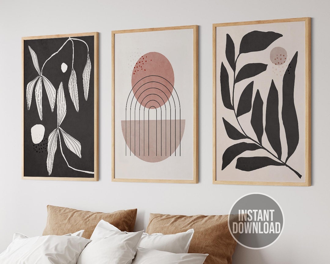Digital Art Prints Set, Geometric Shapes and Botanical Art, Black and ...