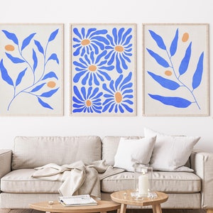 Blue Artwork Boho Floral Wall Art Prints Set of 3 Botanical - Etsy