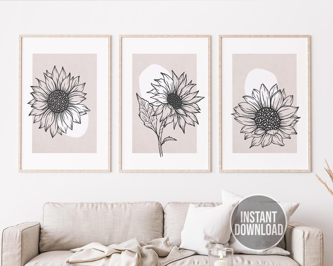Sunflower Wall Decor, Set of 3 Boho Sunflower Prints, Minimalist ...
