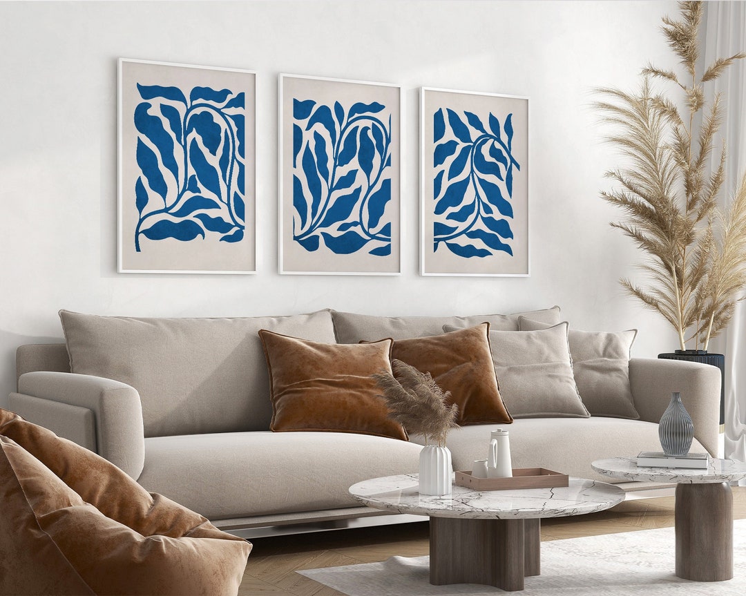 Blue Artwork, Boho Floral Wall Art Prints Set of 3, Botanical Abstract ...