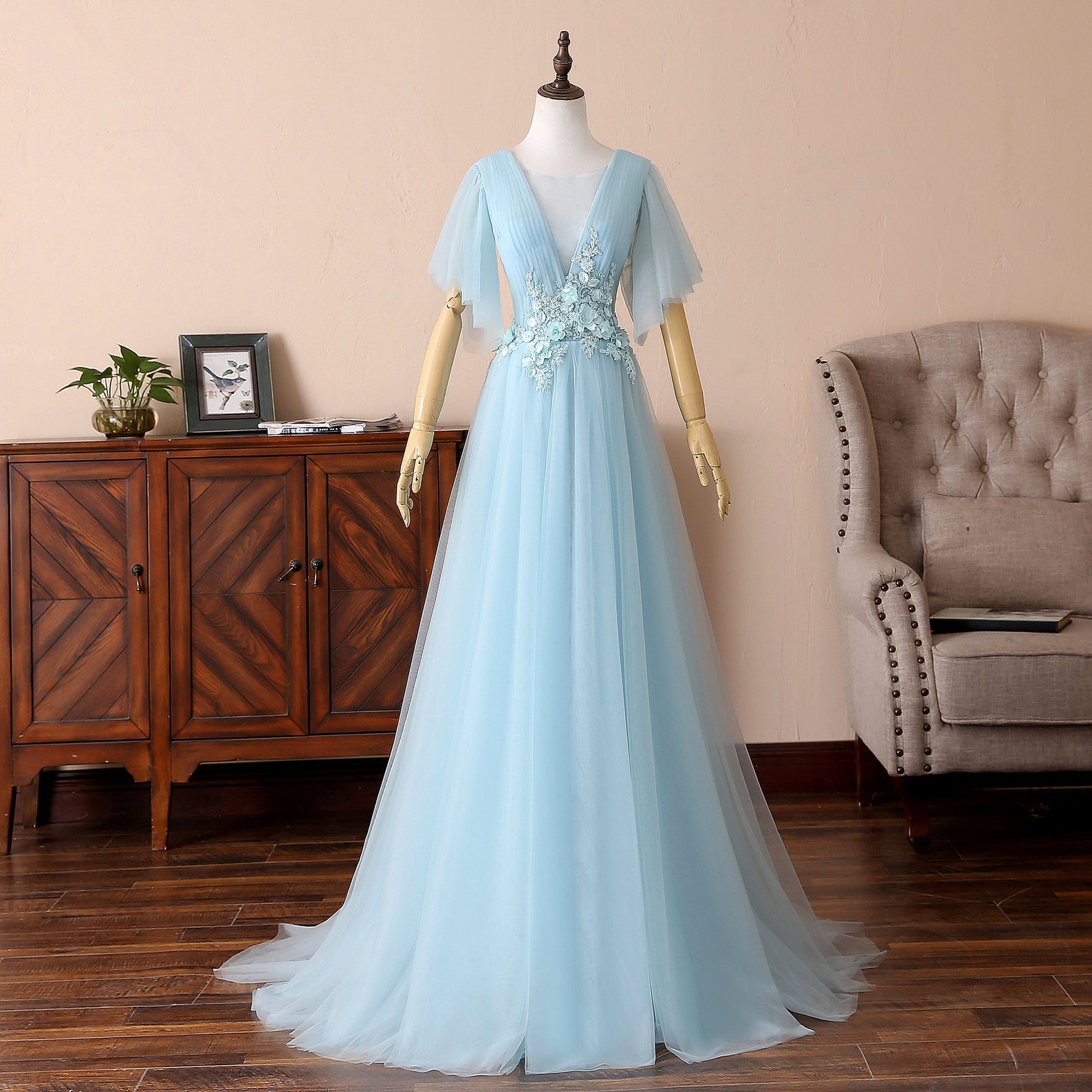 Long Pale Blue Prom Dress Tulle Bridesmaid Dress V-neck and - Etsy
