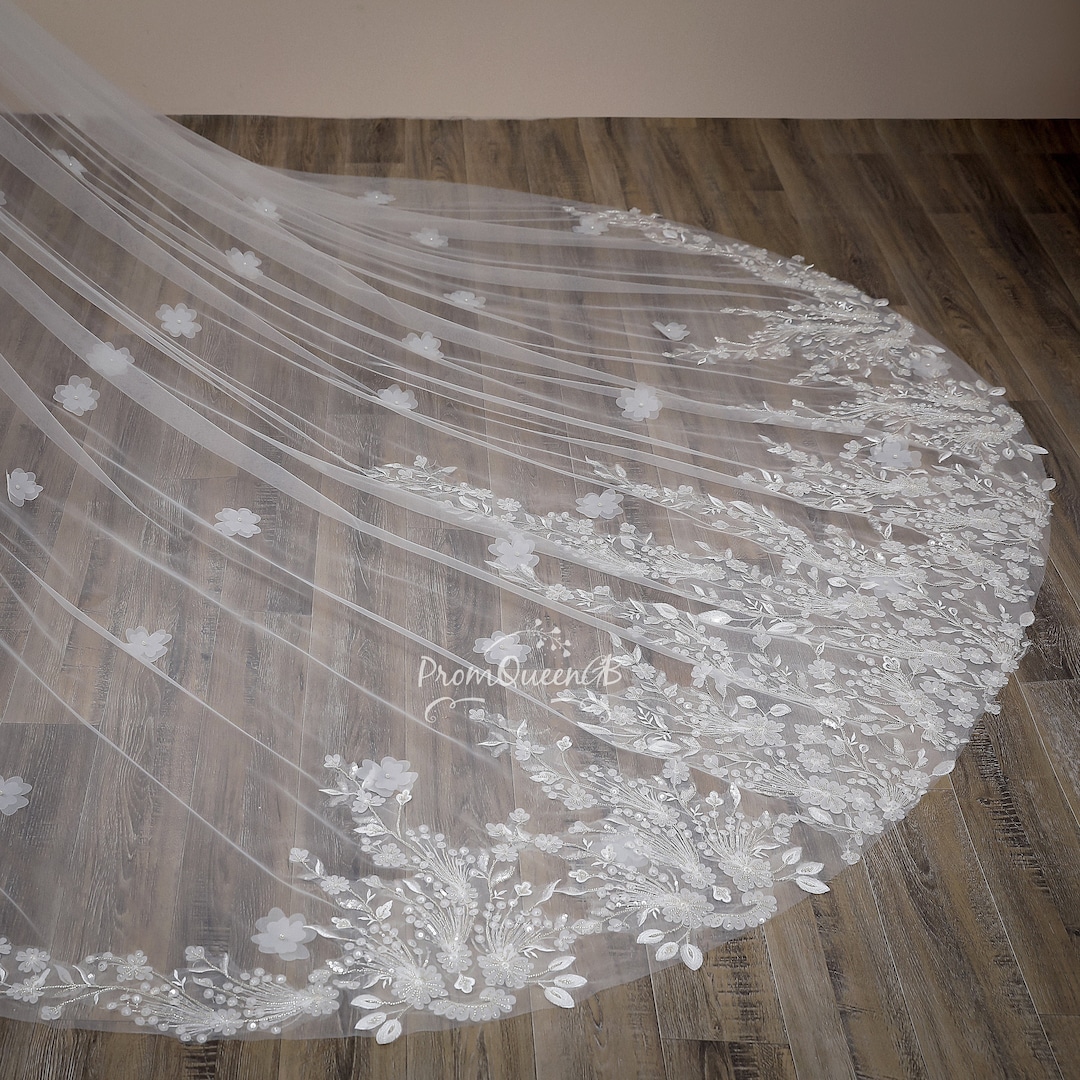 3D Flower Cathedral Veil With Pearls, Floral Applique Wedding Veil,lace ...