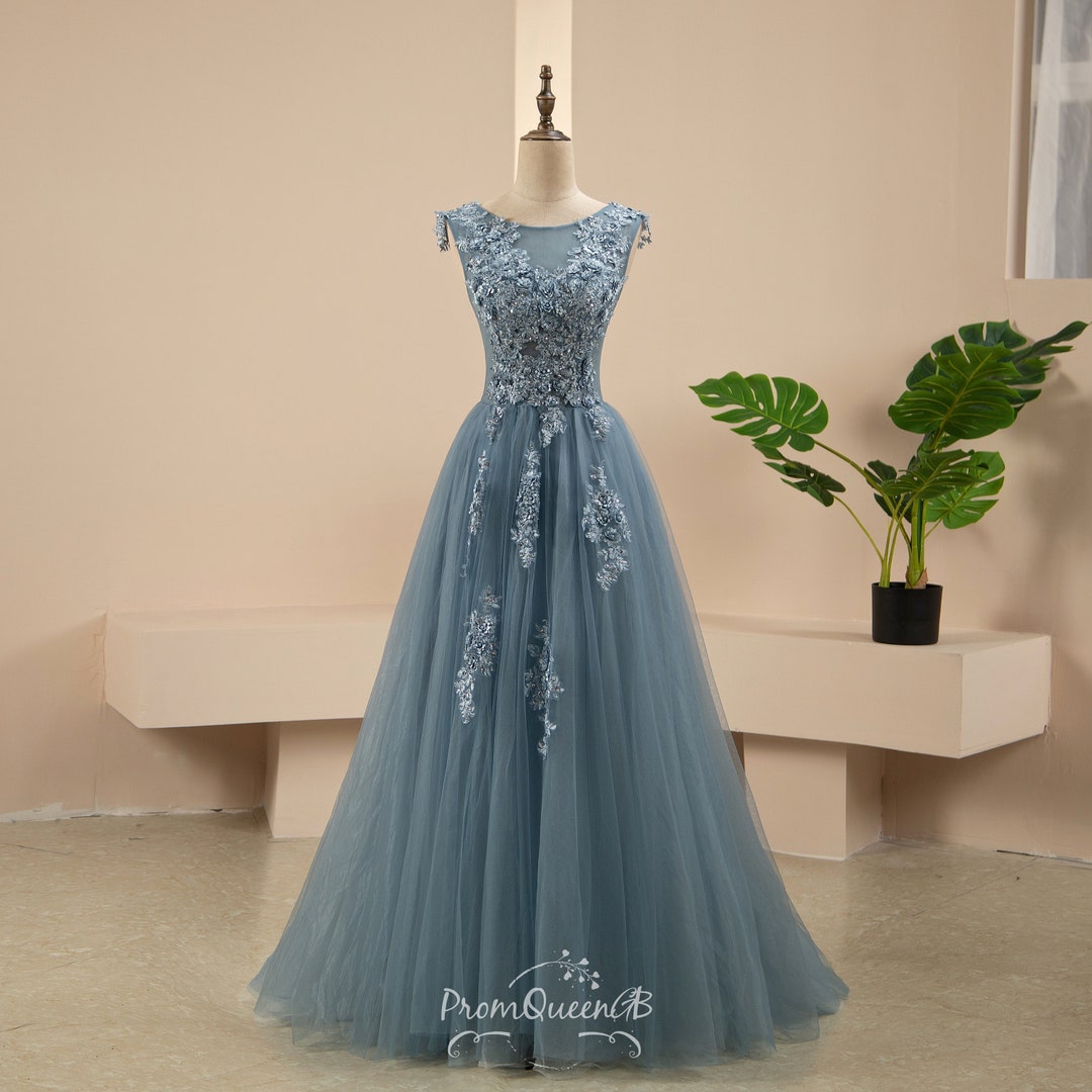 Long Prom Gown, Gray Blue Prom Dres,s Boat Neck Bridesmaid Dress, 3D ...