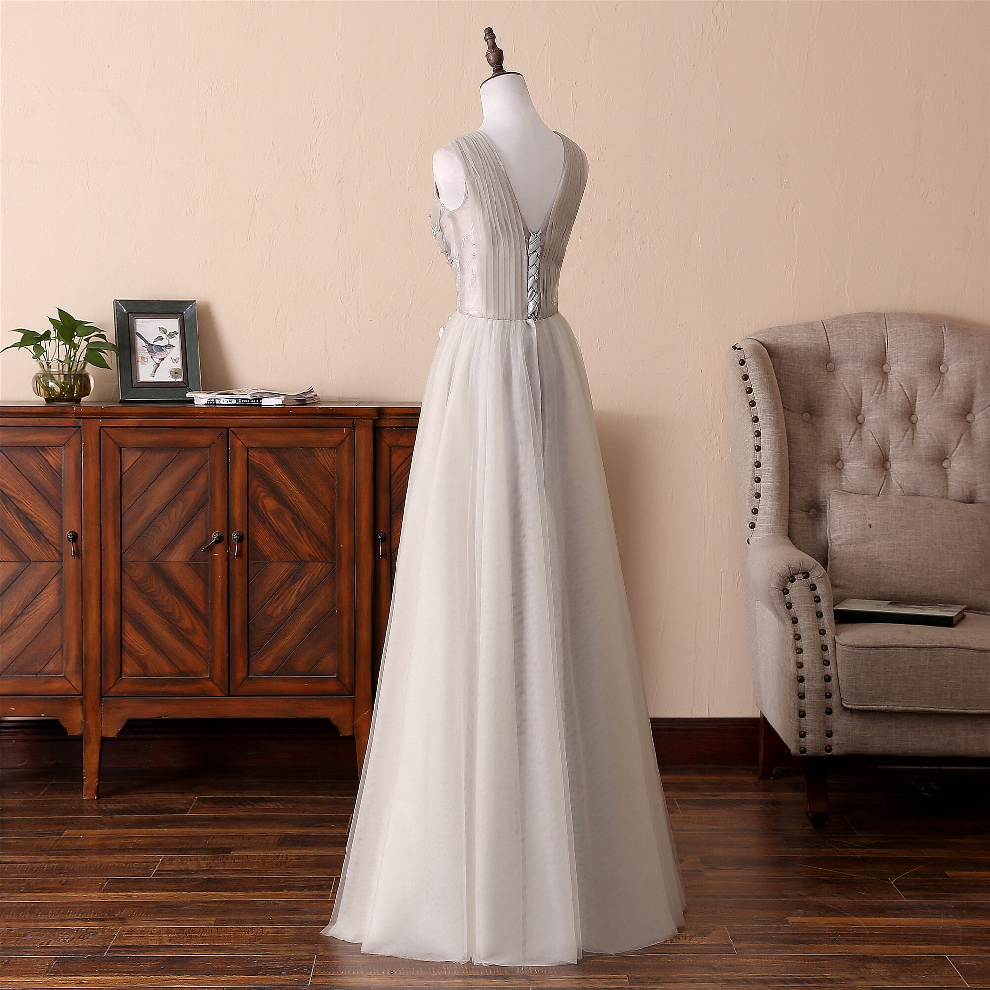 Long Beige Prom Dress V-neck Wedding Dress Elegant Appliqued - Etsy UK