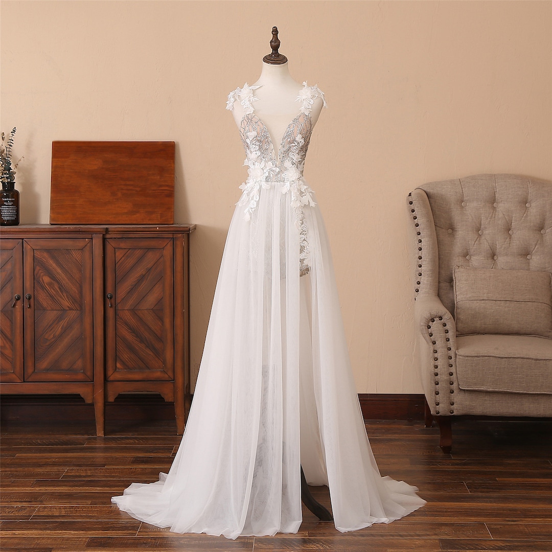 Deep V-neck Prom Dress Long Split Front Wedding Dress White - Etsy