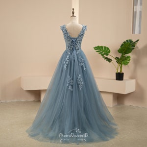 Long Prom Gown, Gray Blue Prom Dres,s Boat Neck Bridesmaid Dress, 3D ...