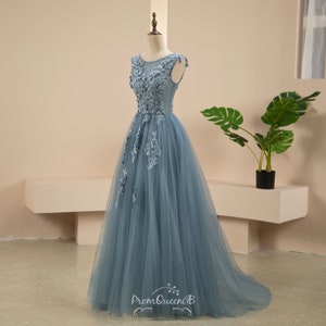 Long Prom Gown, Gray Blue Prom Dres,s Boat Neck Bridesmaid Dress, 3D ...