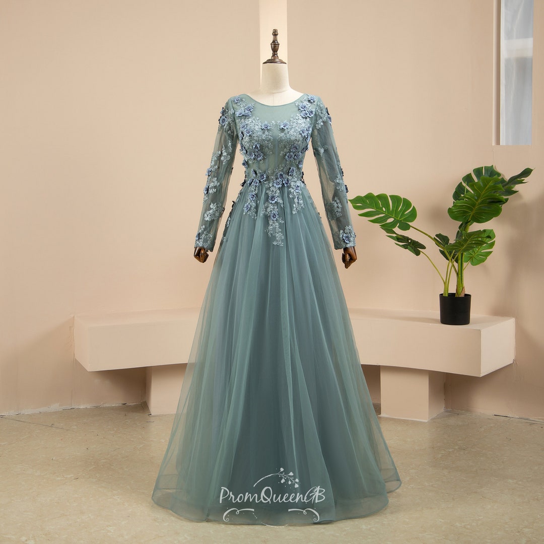 Green Lace Prom Dress, 3D Beaded Flower Bridal Gown, Long Sleeve Formal ...