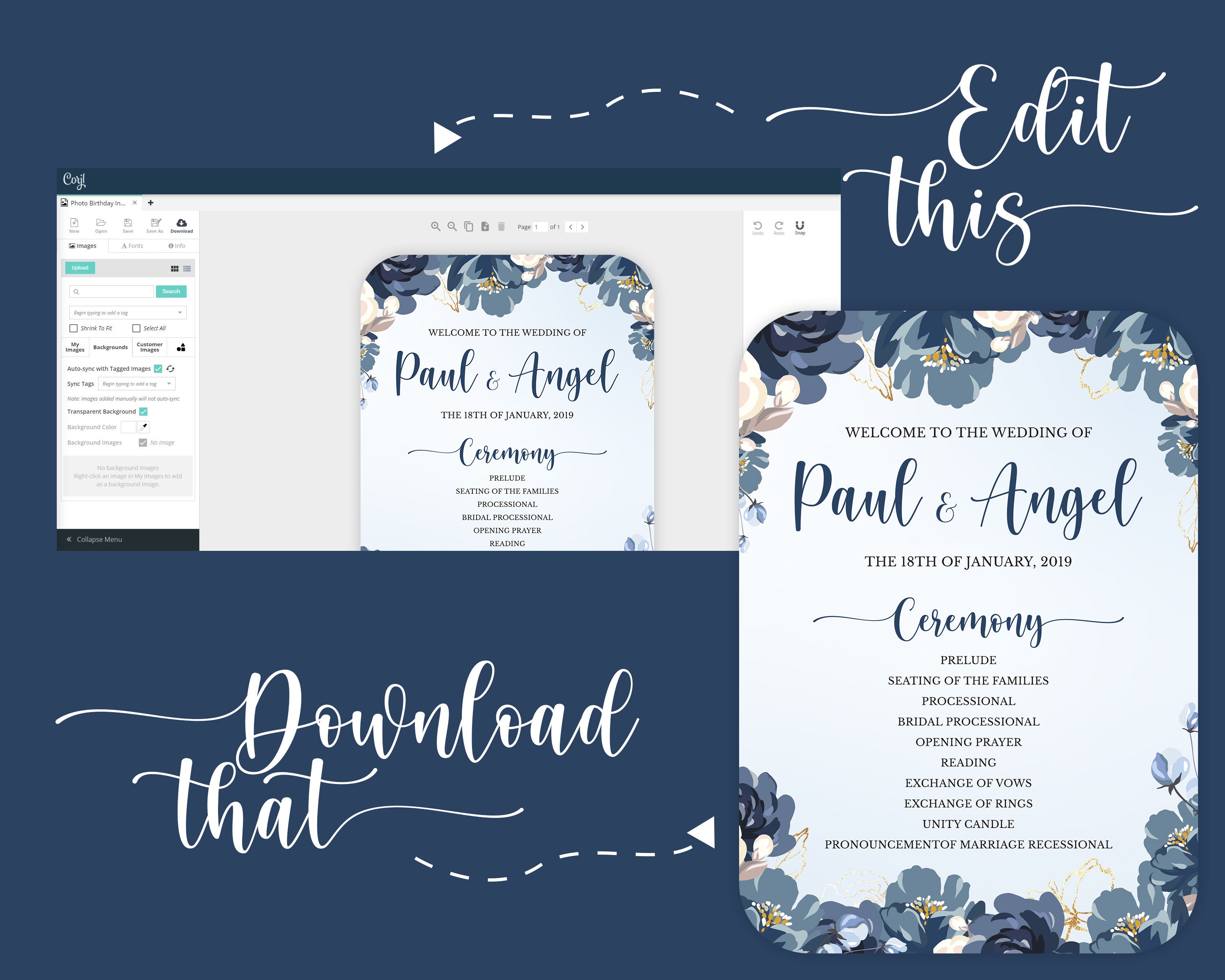 Royal Blue Wedding Program Fan Printable Wedding Hand Fan | Etsy