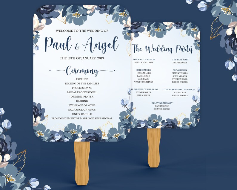 Royal Blue Wedding Program Fan Printable Wedding Hand Fan | Etsy