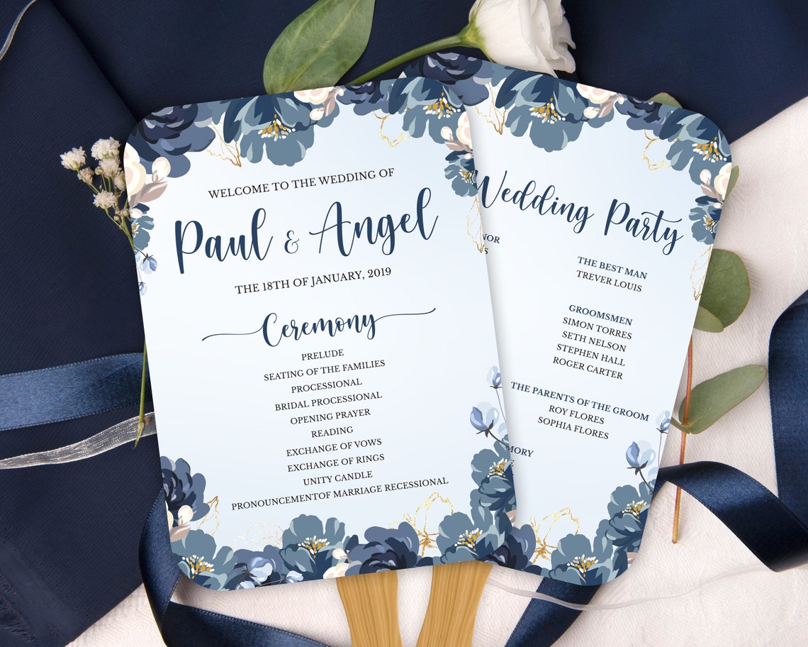 Royal Blue Wedding Program Fan Printable Wedding Hand Fan | Etsy