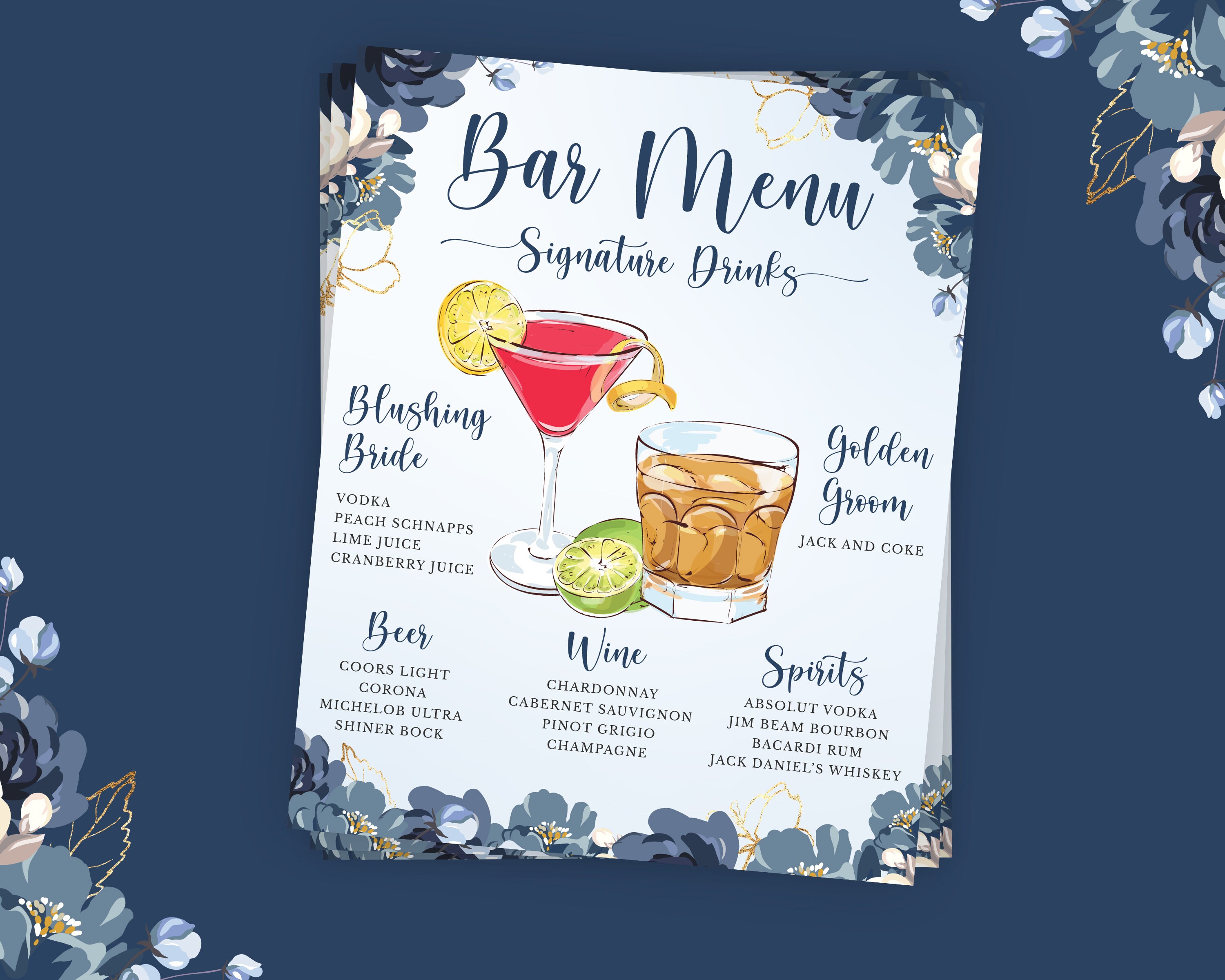 Royal Blue Wedding Bar Menu Sign Printable Wedding Drink - Etsy