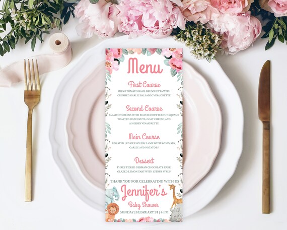 Peach Safari Baby Shower Menu Card Template Safari Theme - Etsy