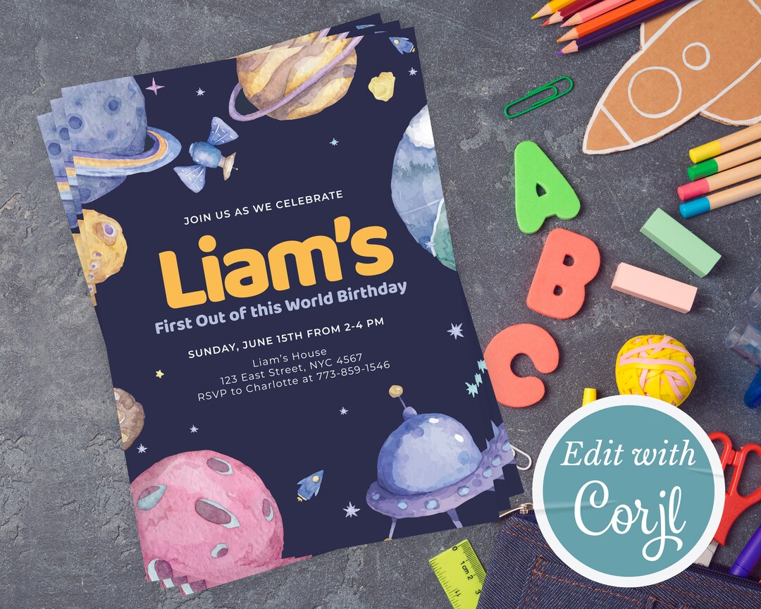 Navy Space Rocket Birthday Invitation 100% Editable Outer - Etsy