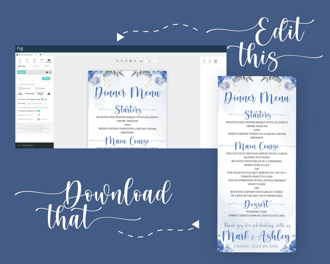 Printable Wedding Menu Template Sky Blue Dinner Menu Card | Etsy