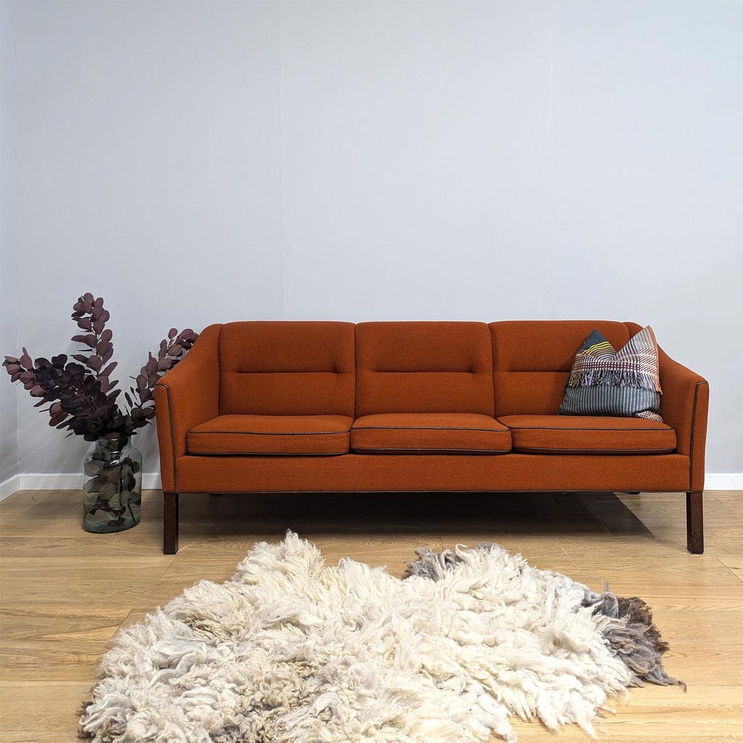 Authentic Danish Dark Orange Wool Sofa With Leather Piping - Etsy