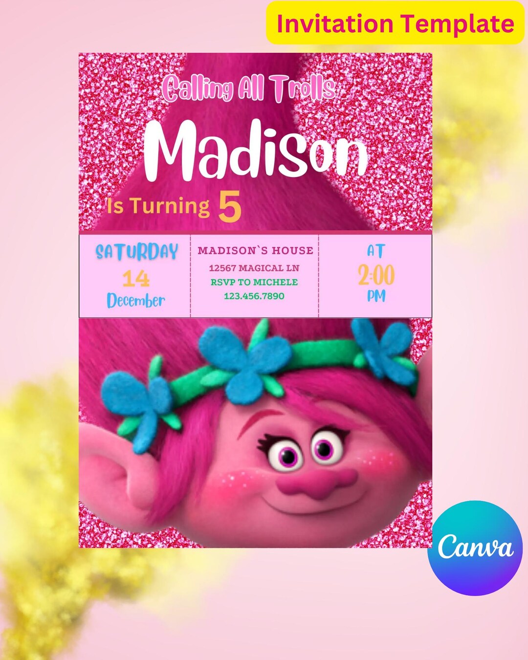 Poppy Invite Template, Printable Birthday Invitation, Editable Trolls ...