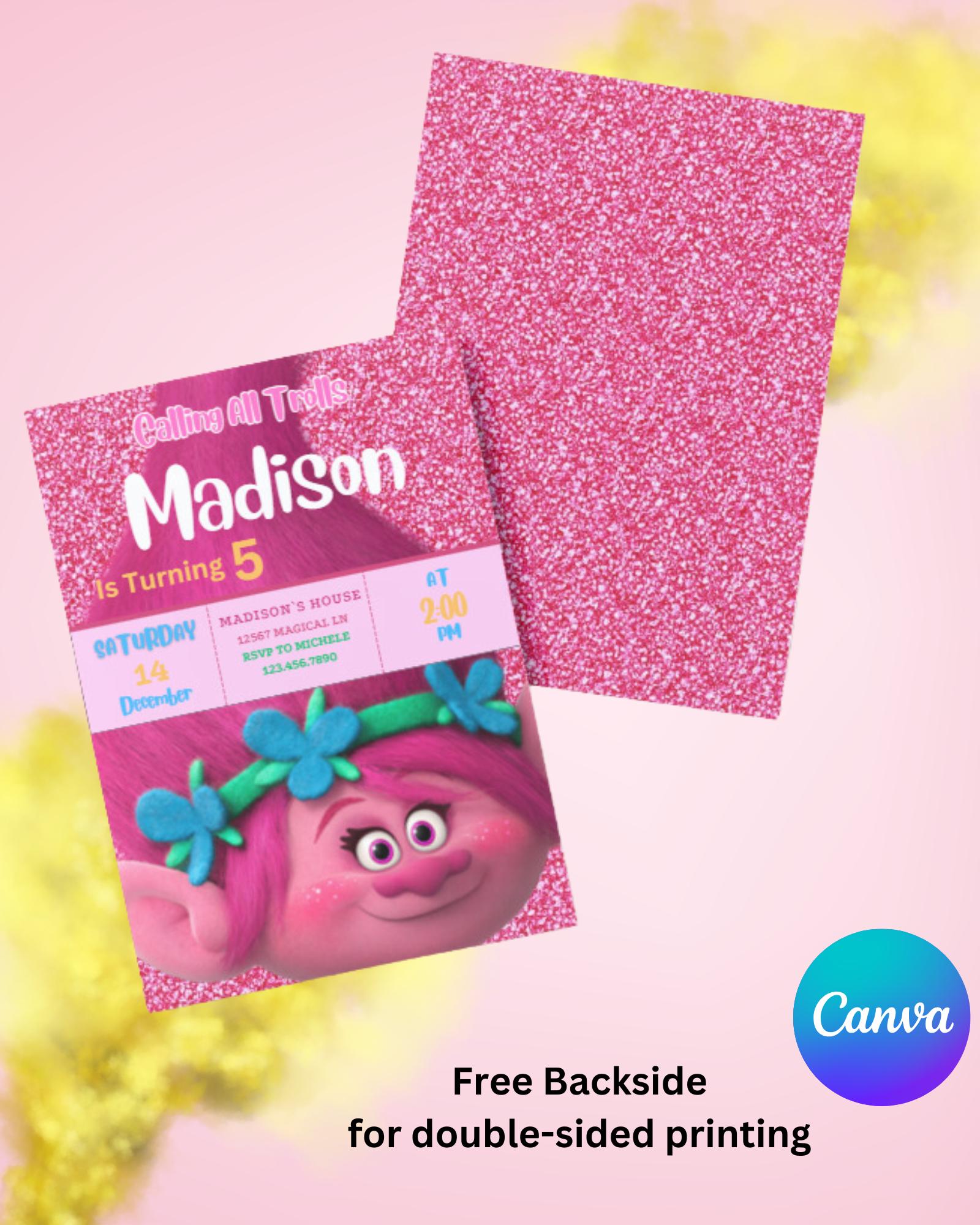 Poppy Invite Template, Printable Birthday Invitation, Editable Trolls ...