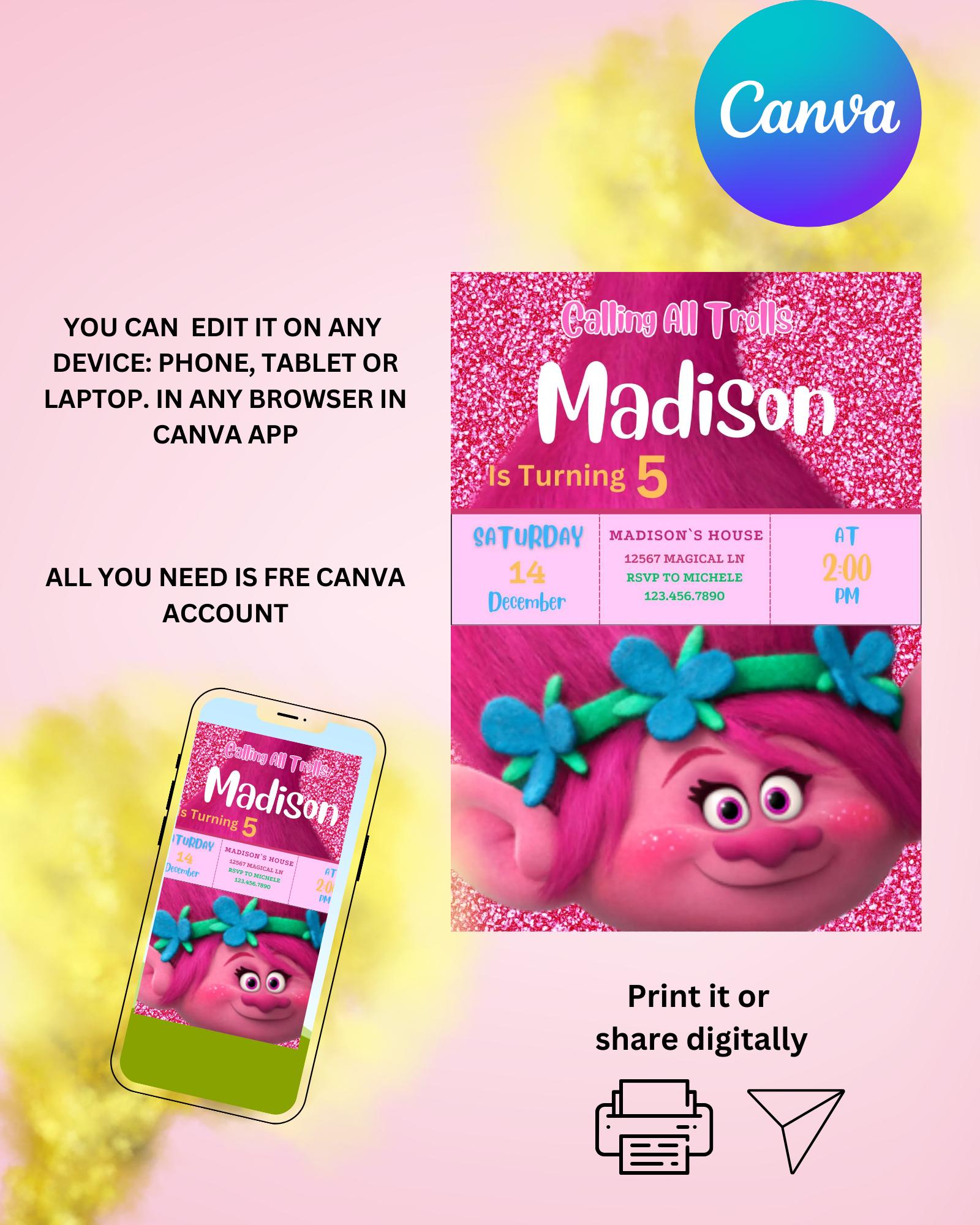 Poppy Invite Template, Printable Birthday Invitation, Editable Trolls ...