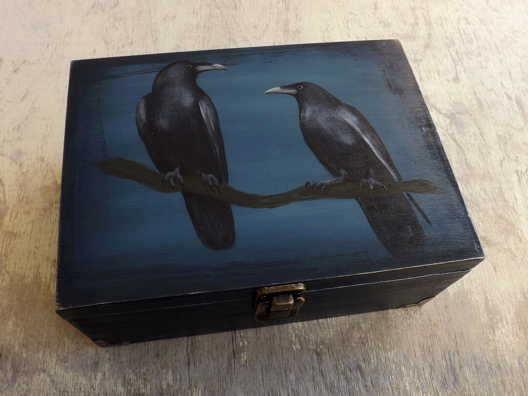 Wood Tea Box - Ravens in Blue, Hand-painted Custom Chest in Gothic ...