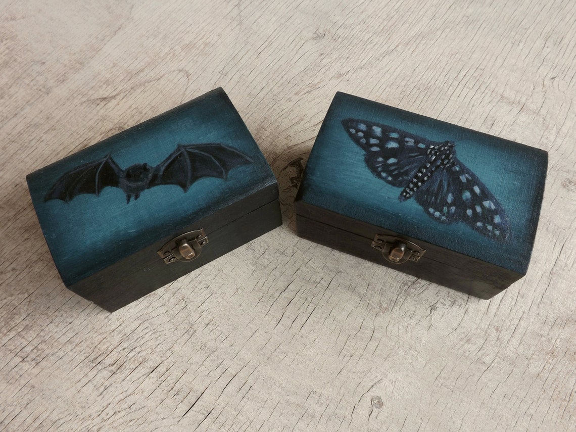 Wooden Tiny Trunk With Moth Hand Painted Custom Small Wood | Etsy