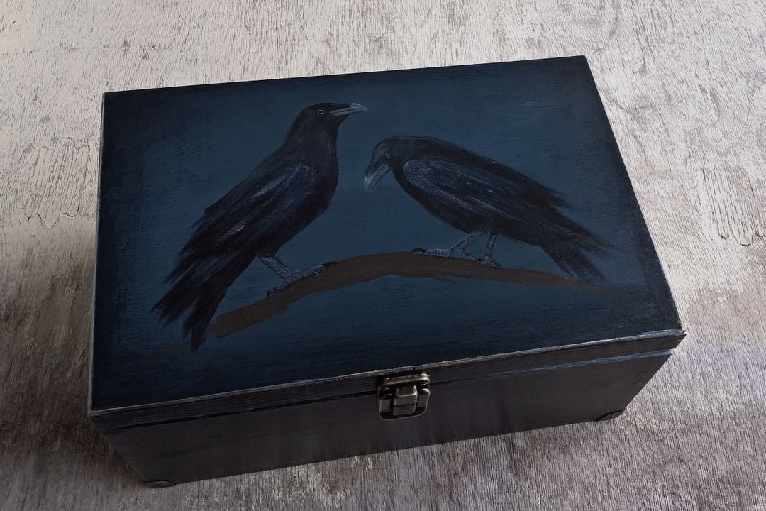 Big Wooden Box - Ravens Bats in Blue, Hand-paint Custom Wood Chest in ...