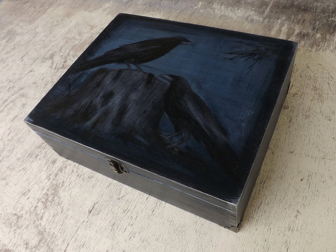 Big Wooden Tea Chest Ravens in Blue Hand Painted Custom - Etsy
