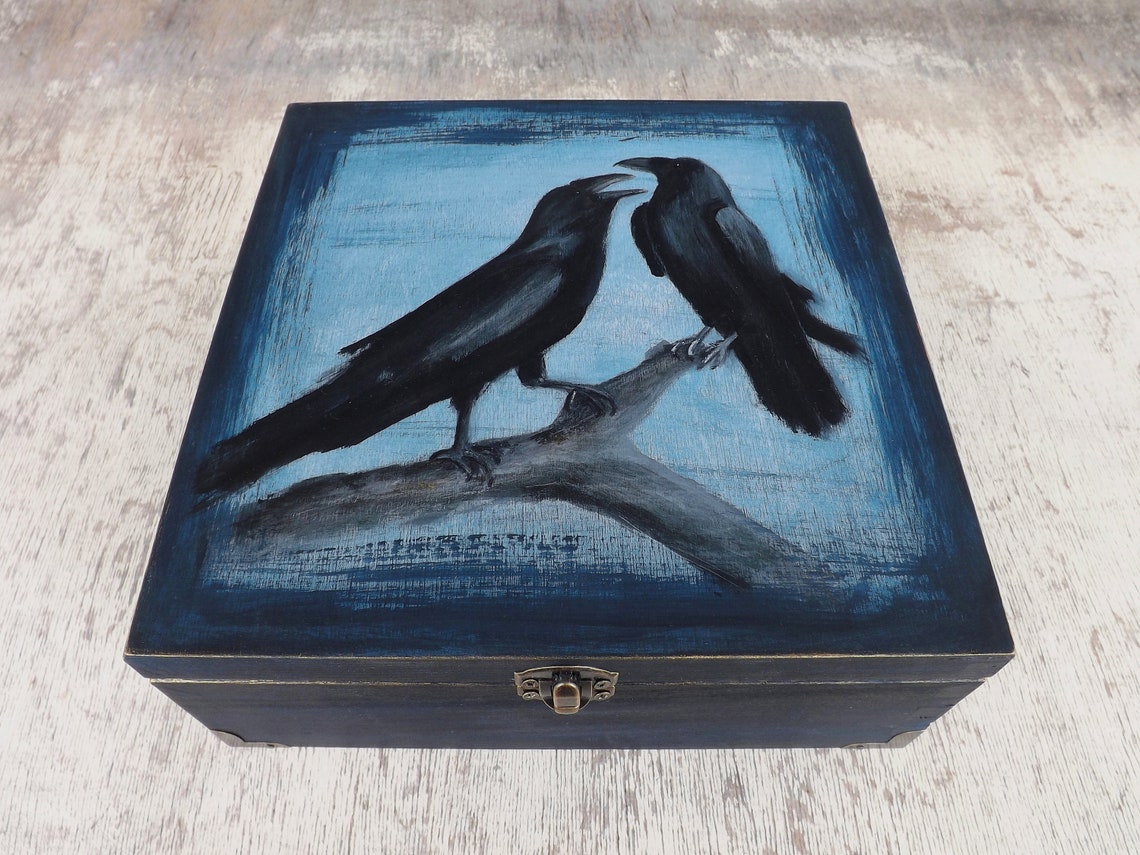 Big Wooden Tea Box Ravens in Blue Hand-paint Custom Wood - Etsy