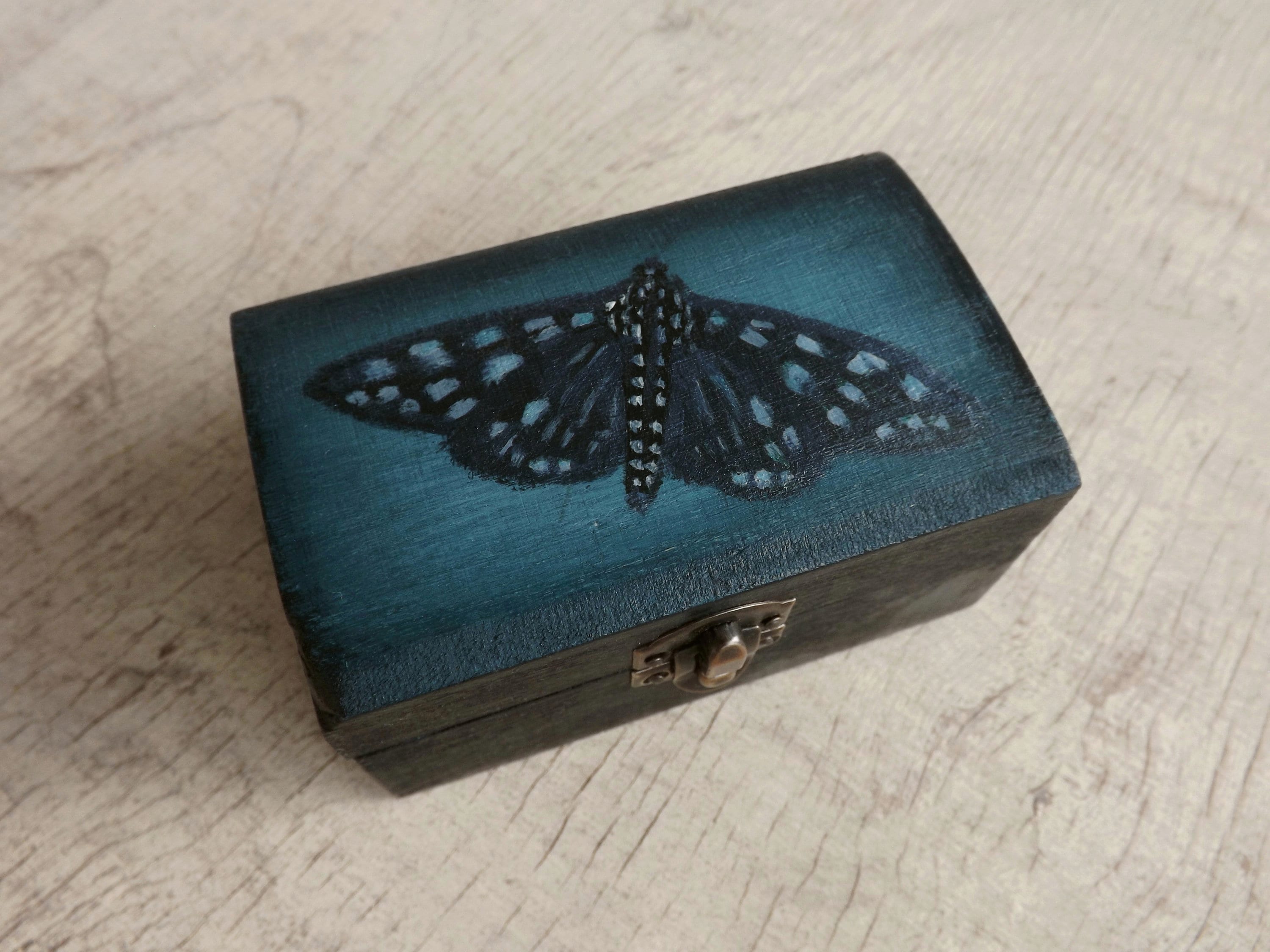 Wooden Tiny Trunk With Moth Hand Painted Custom Small Wood | Etsy