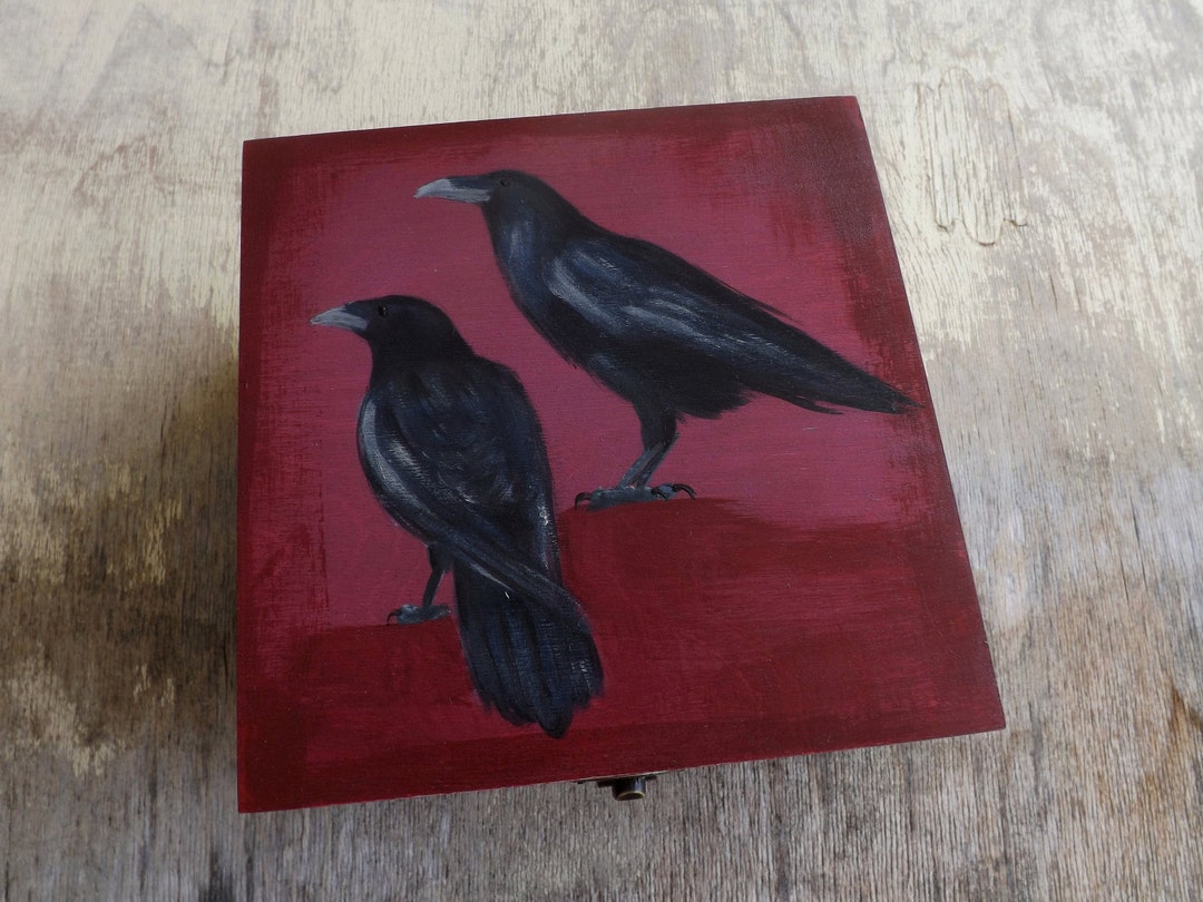 Wood Box With Ravens Bats, Hand Paint Custom Decorative Chest in Blue ...