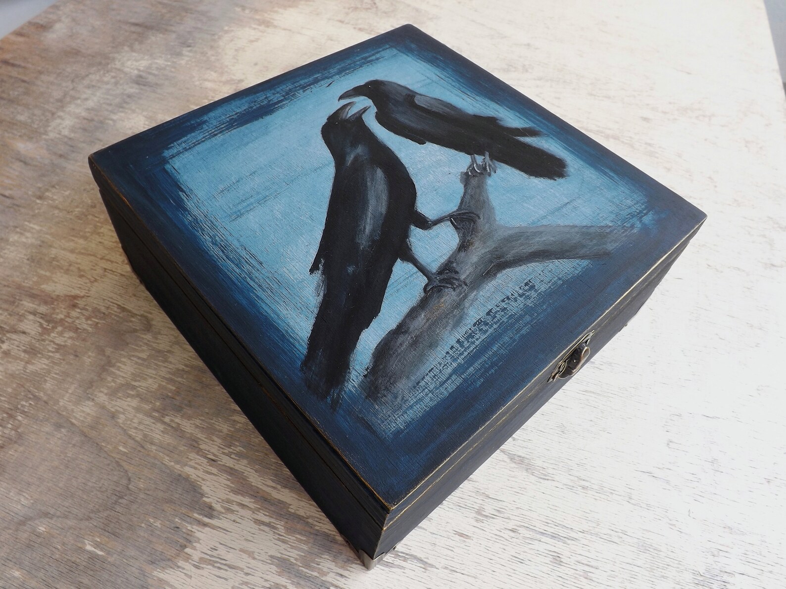 Big Wooden Tea Box Ravens in Blue Hand-painted Custom Wood - Etsy