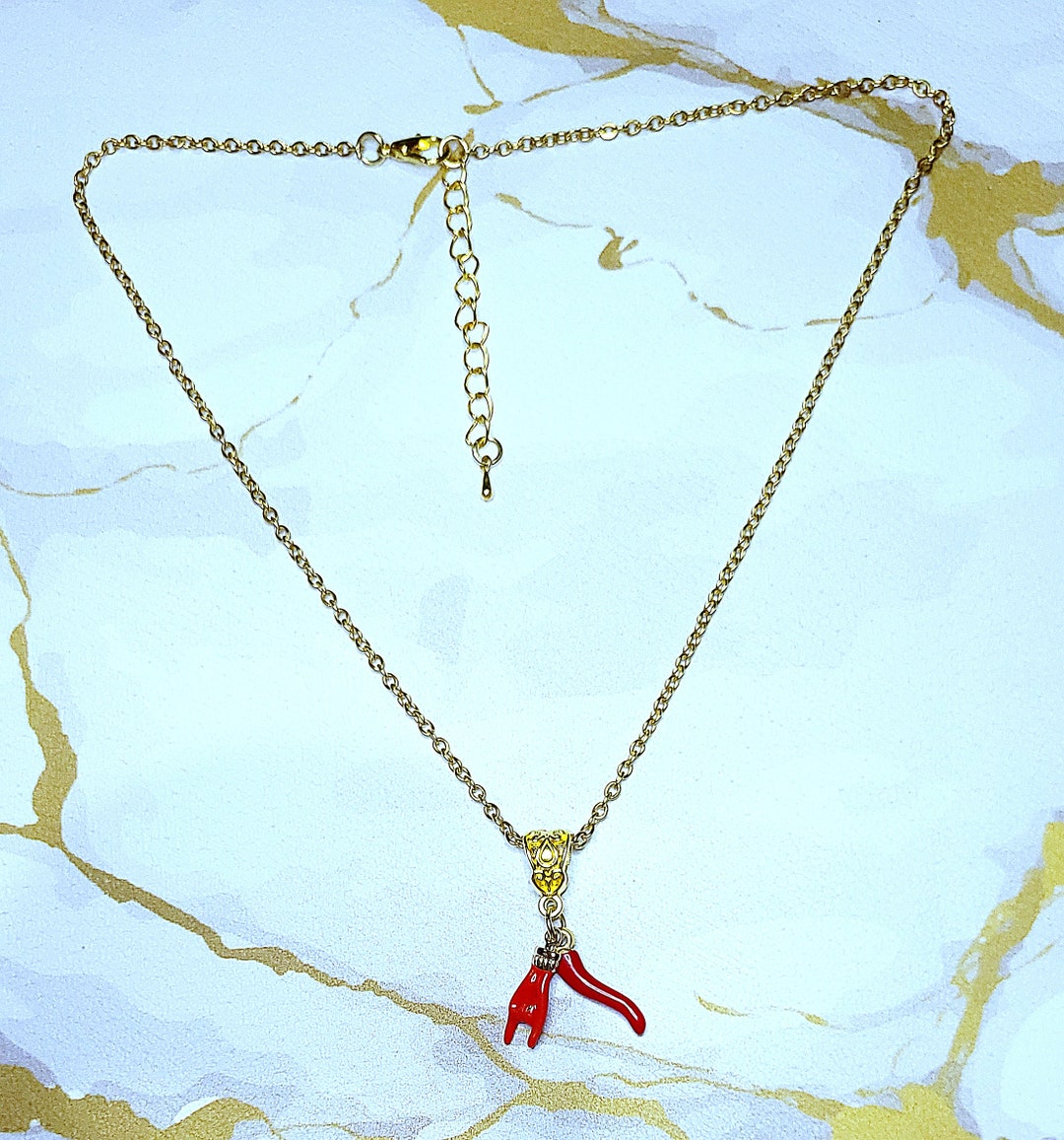 Red Cornicello and Mano Cornuto With Gold Chain Necklace - Etsy