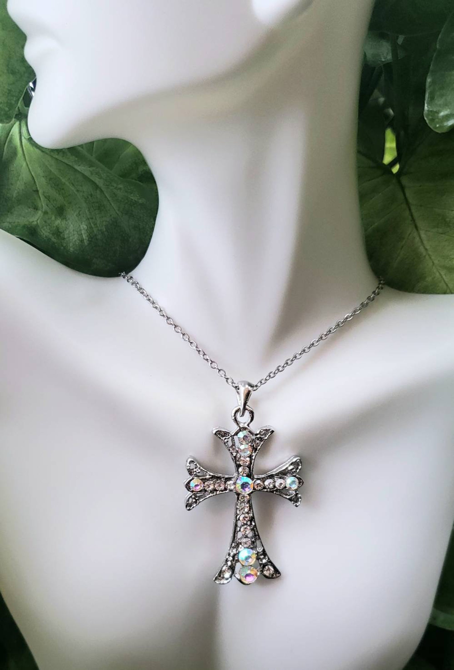 Iridescent Rhinestone Cross Necklace - Etsy
