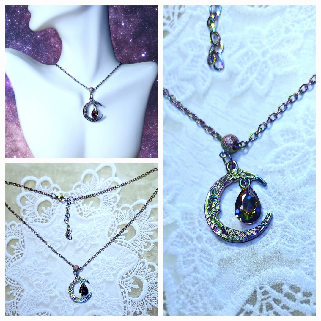 Iridescent Rainbow Crescent Moon With Crystal - Etsy