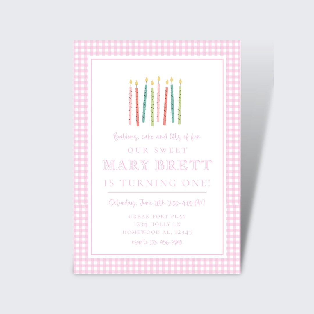 Classic PINK Gingham Girl Birthday Invitation Pink and White Party ...