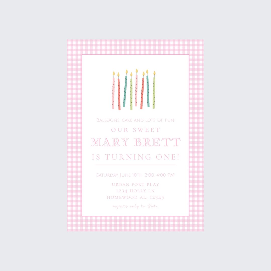 Classic PINK Gingham Girl Birthday Invitation | Pink and White Party ...