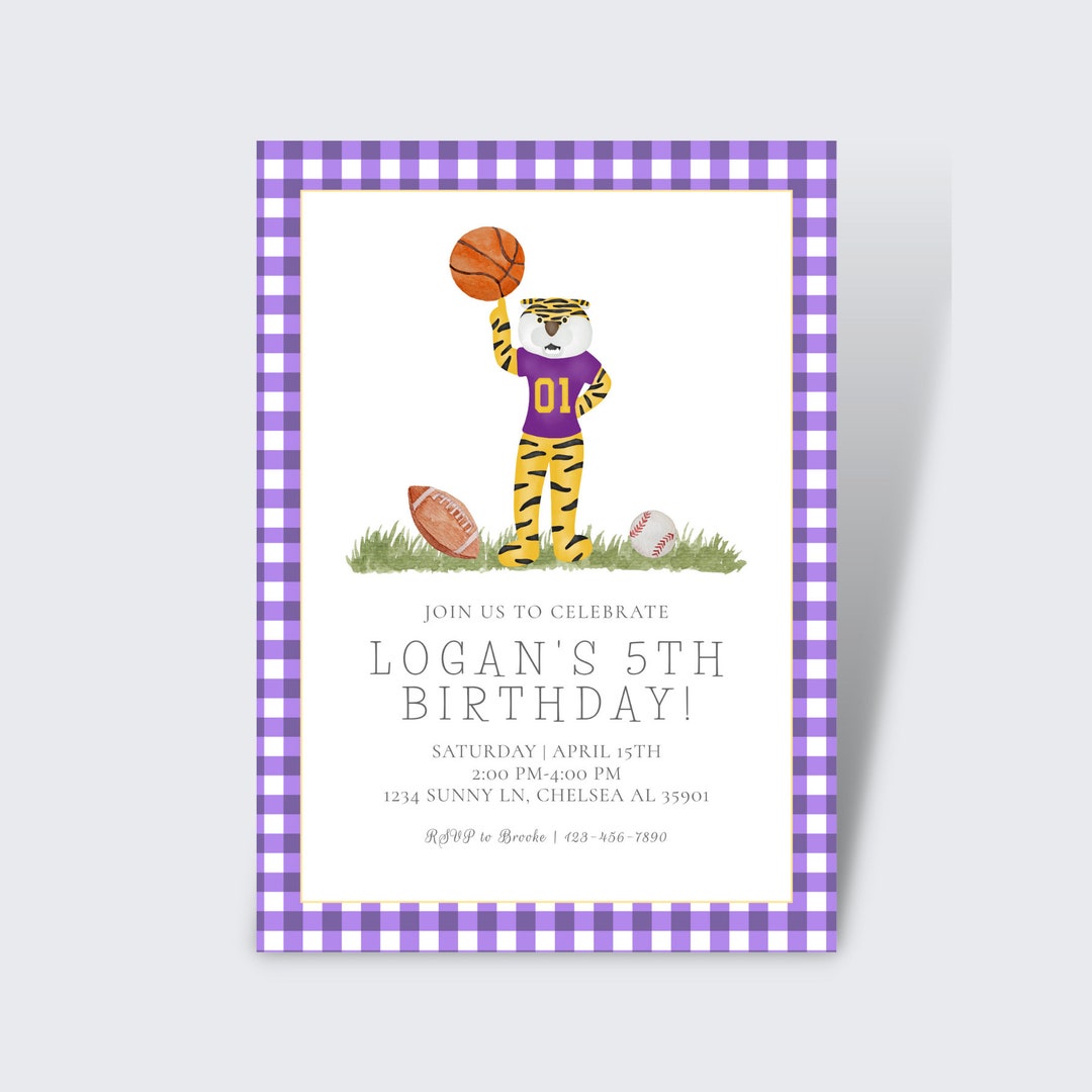 Purple and Gold Football Invite LSU Inspired | Boy Birthday Invite ...