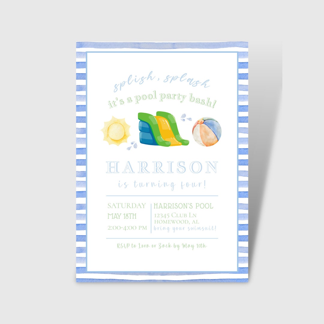 Pool Party Blue Birthday Invite | Pool Summer Birthday Invite | Summer ...