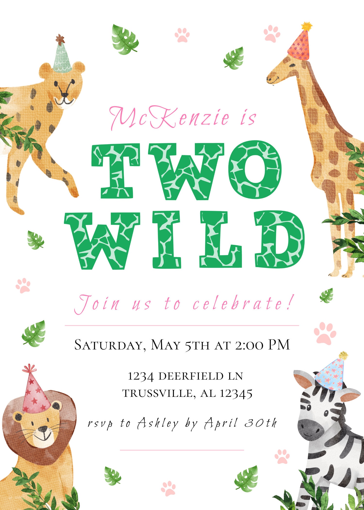 Two Wild Birthday Girl Invitation, Two Wild Invitation Printable ...