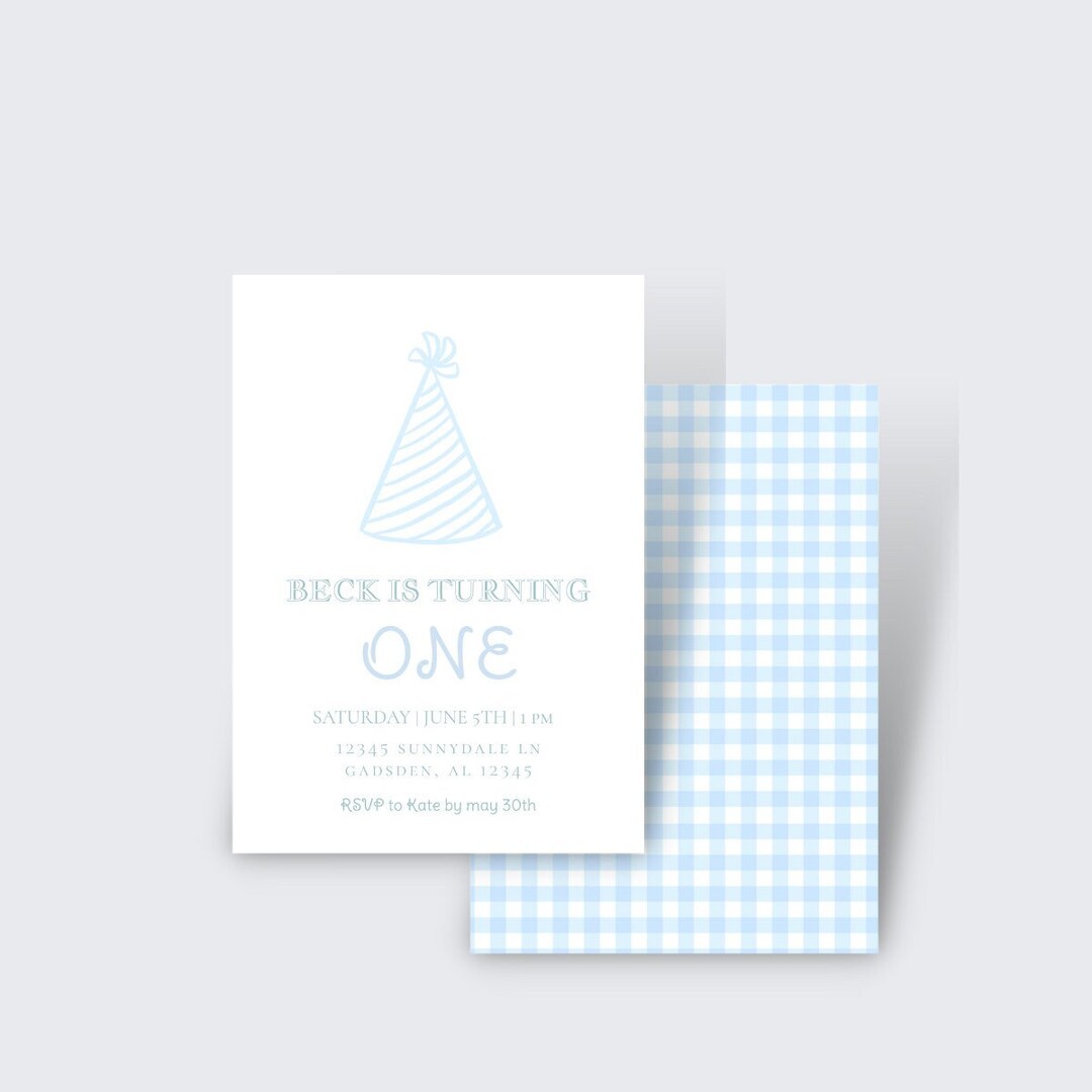 Classic Blue Gingham Boy Birthday Invitation | Digital Download ...
